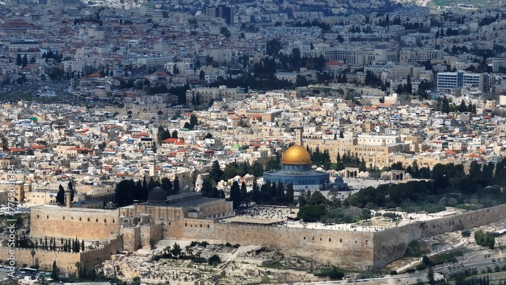 The old city of golden dome of the rock,aerial flight,ramadan, 2024 ...