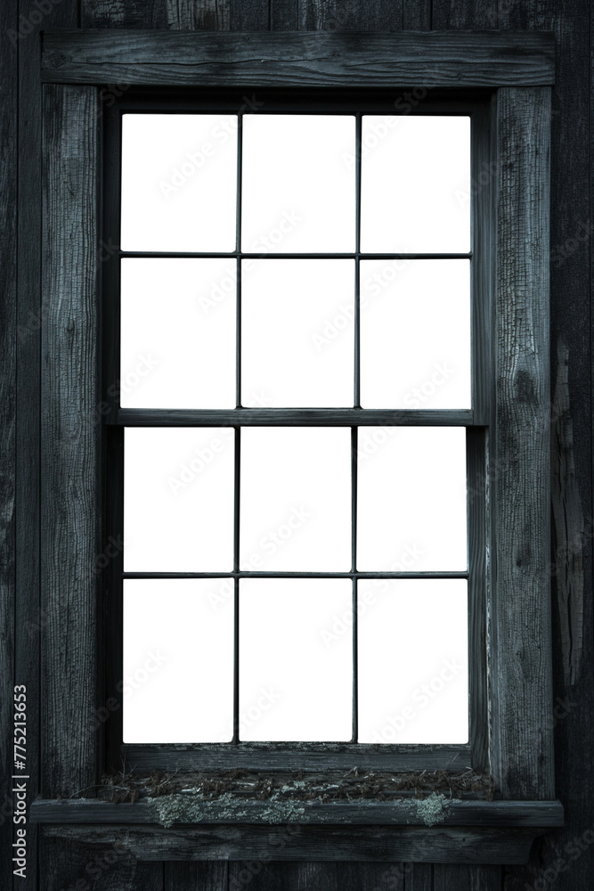 Old black apocalyptic wood window frame. Isolated transparent background PNG. Grunge cracked and ...