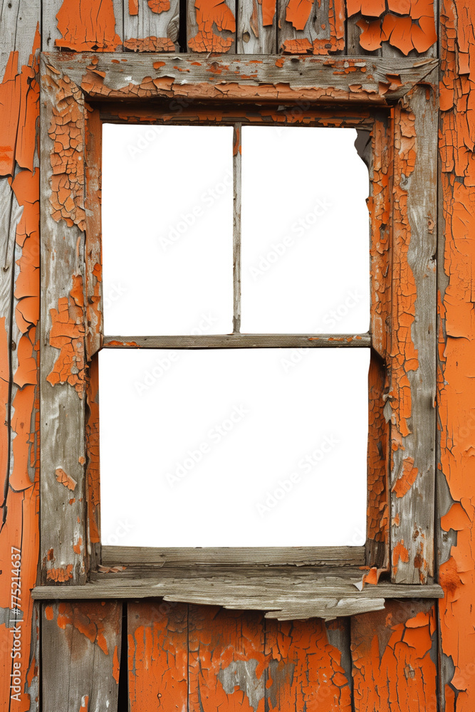 Old orange apocalyptic wood window frame. Isolated transparent background PNG. Grunge cracked ...