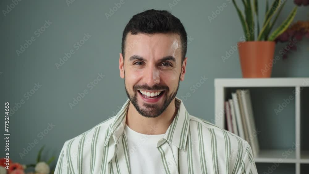 Close up portrait of one handsome guy with perfect white teeth smiling ...