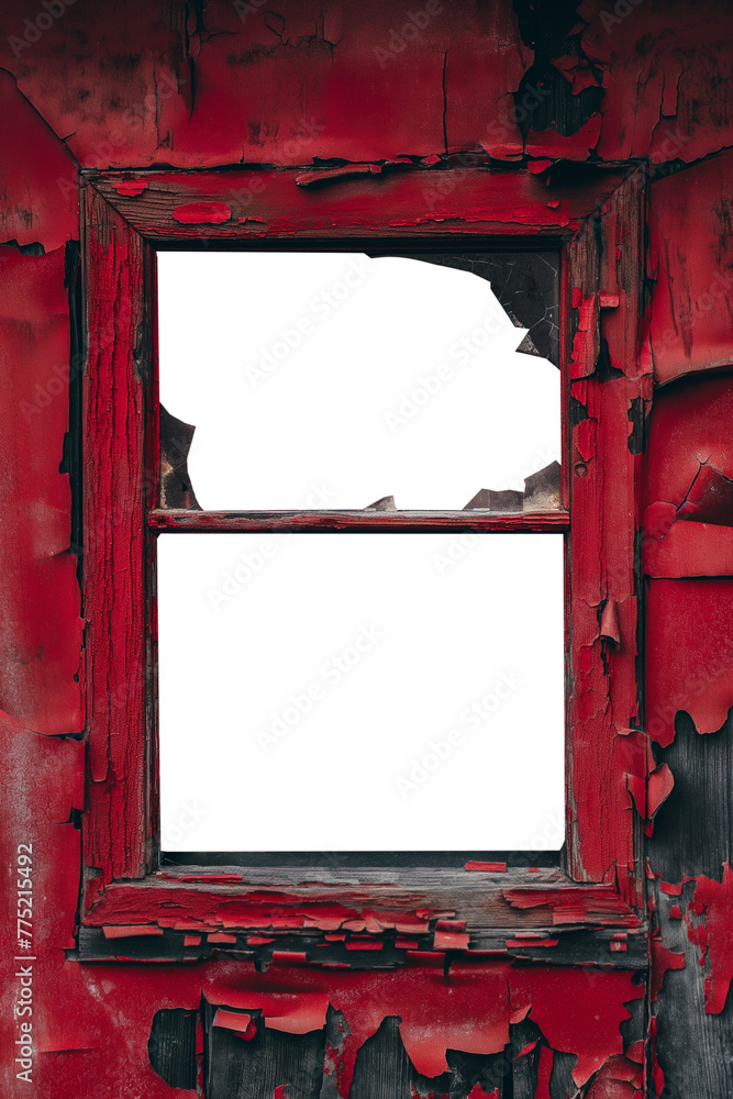 Old apocalyptic wood window red frame. Isolated transparent background PNG. Grunge cracked and ...
