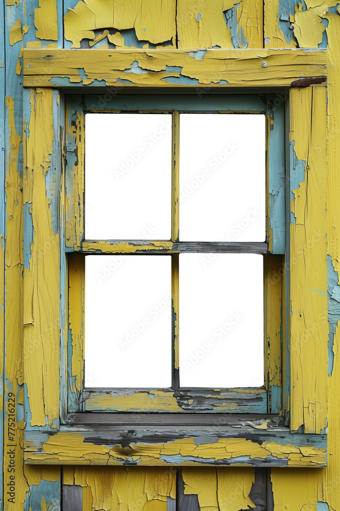 Old apocalyptic yellow wood window frame. Isolated transparent background PNG. Grunge cracked ...