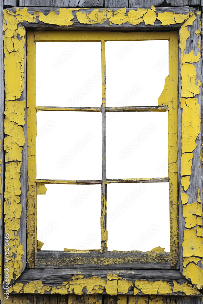 Old yellow apocalyptic wood window frame. Isolated transparent background PNG. Grunge cracked ...
