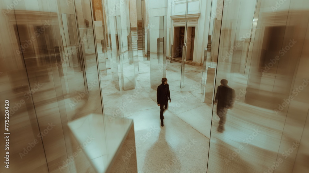 Foto de Aerial view, person walking, distorted liminal space upside ...