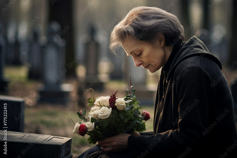 Generative AI picture of christian elderly mature woman mourning at a ...