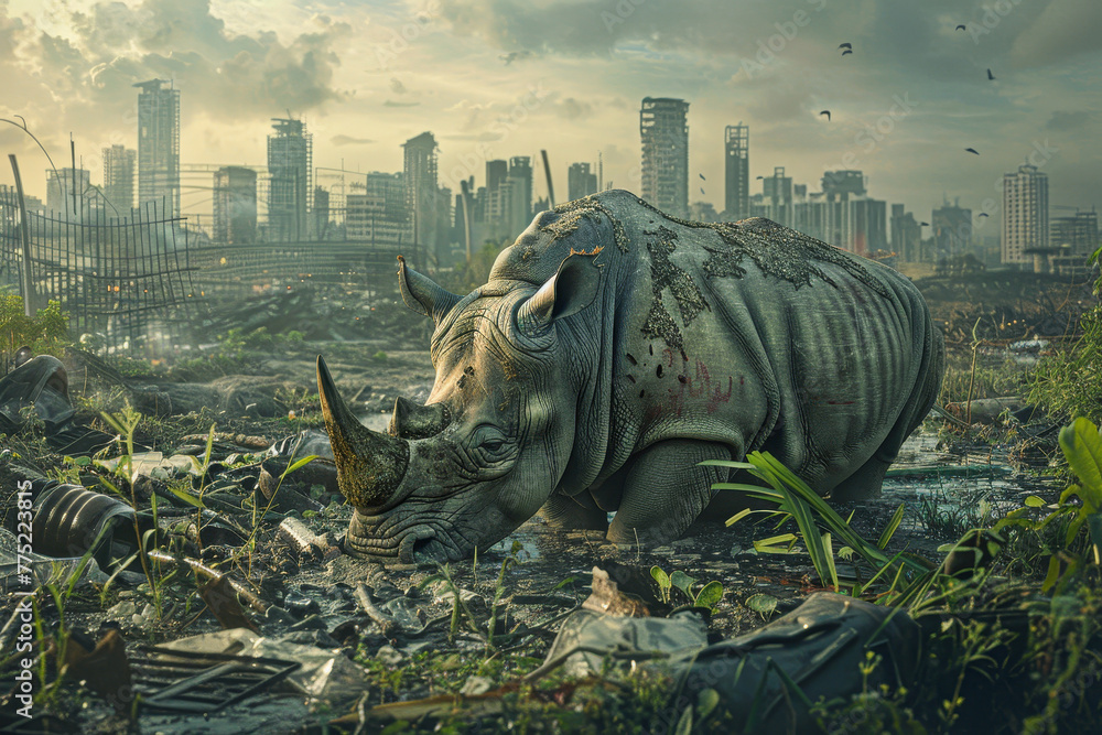 A rhino is in a city with a lot of trash. The rhino is dirty and he is ...