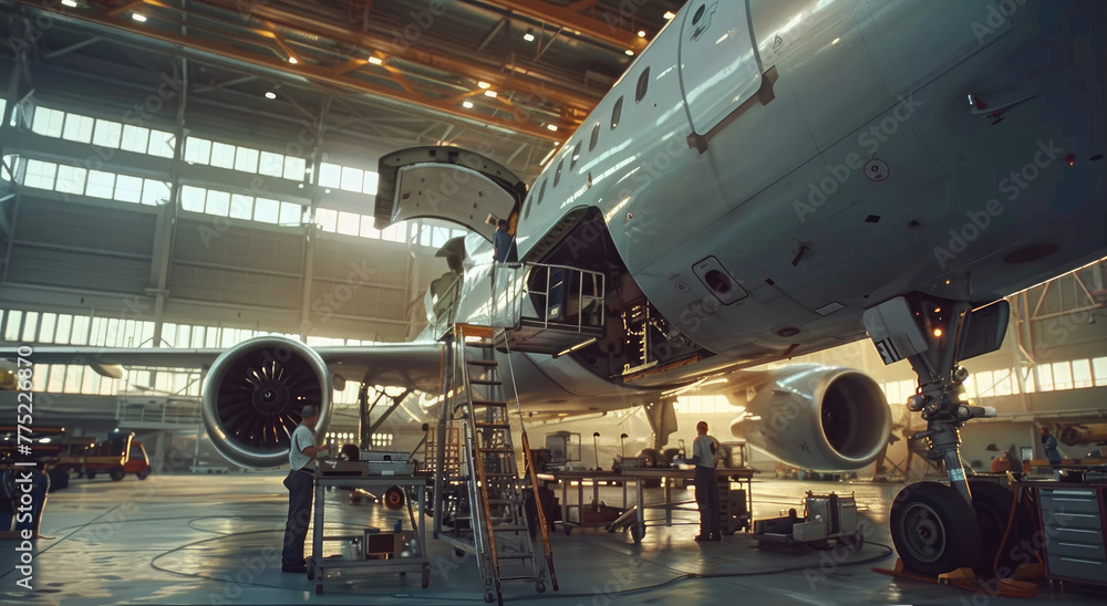 A commercial airplane being worked on in an aircraft repair hangar ...