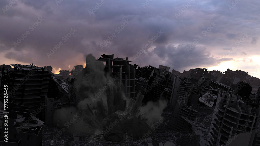 3d rendering-Destroyed city after earthquake or war, aerial Cinematic ...