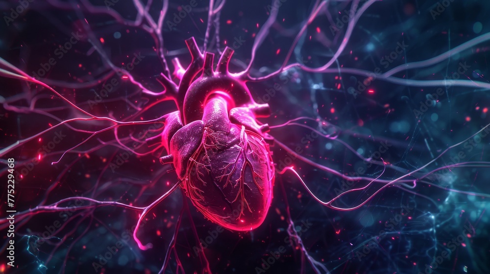 3D digital art of a human heart glowing with neon light within a ...