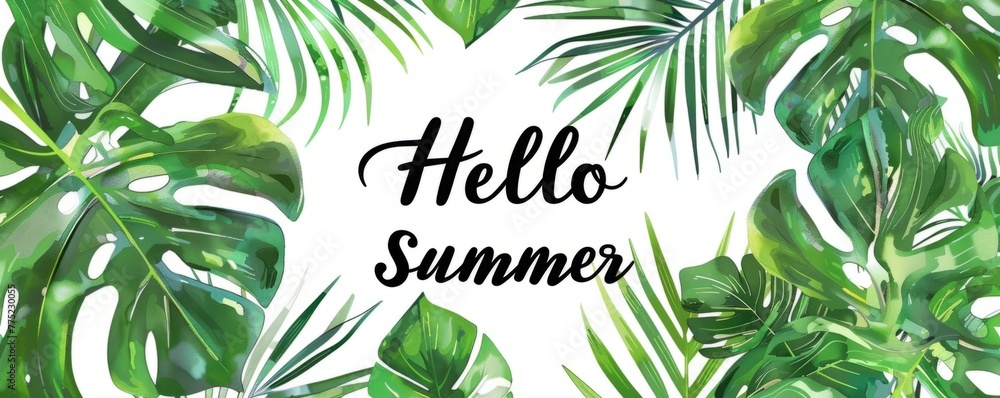 "Hello summer" text, with palm leaves and monstera leaves pattern on a ...