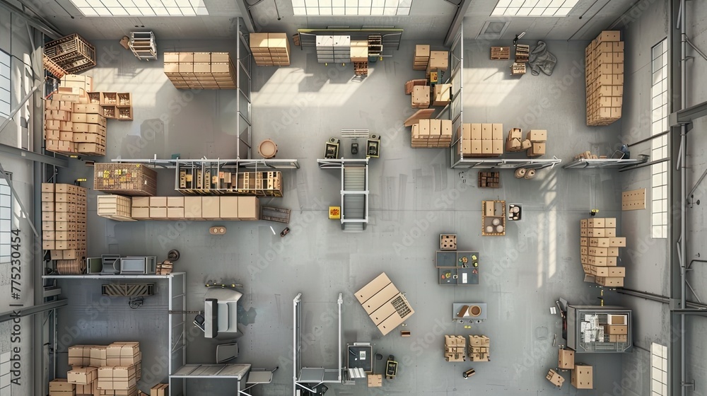 detailed, photo-realistic floor plan of a warehouse interior with top ...