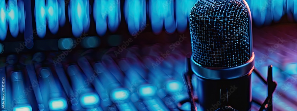 A condenser studio microphone with a shock mount in a music studio ...