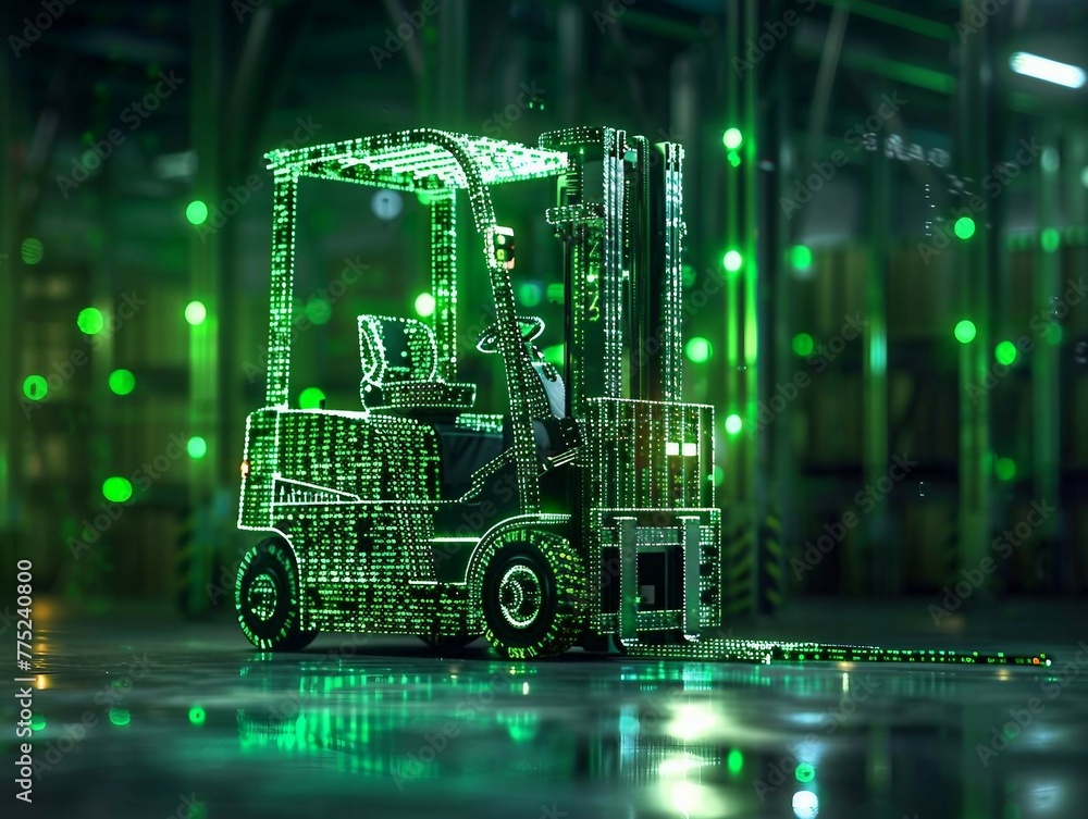 digital green forklift truck with glowing data streams symbolizes the ...
