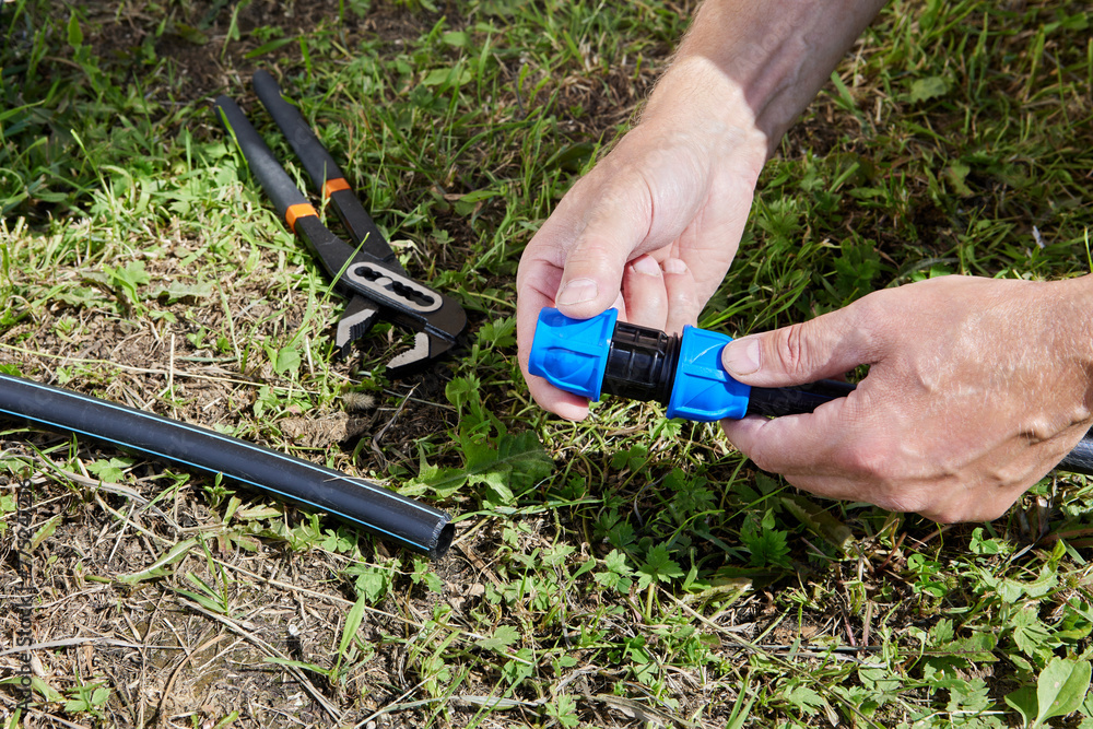 Installation of watering system from HDPE pipes, two parts of water ...