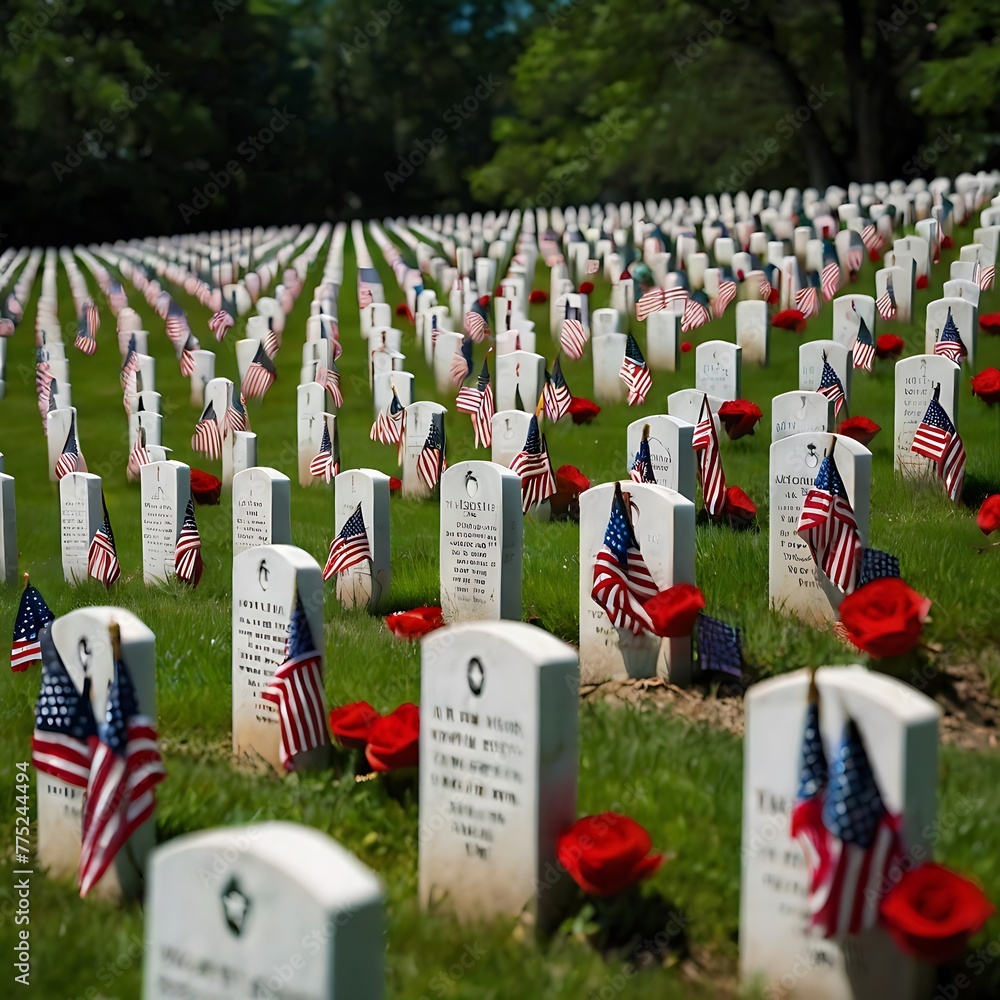 American cemetery in region country, American flags in the cemetery ...