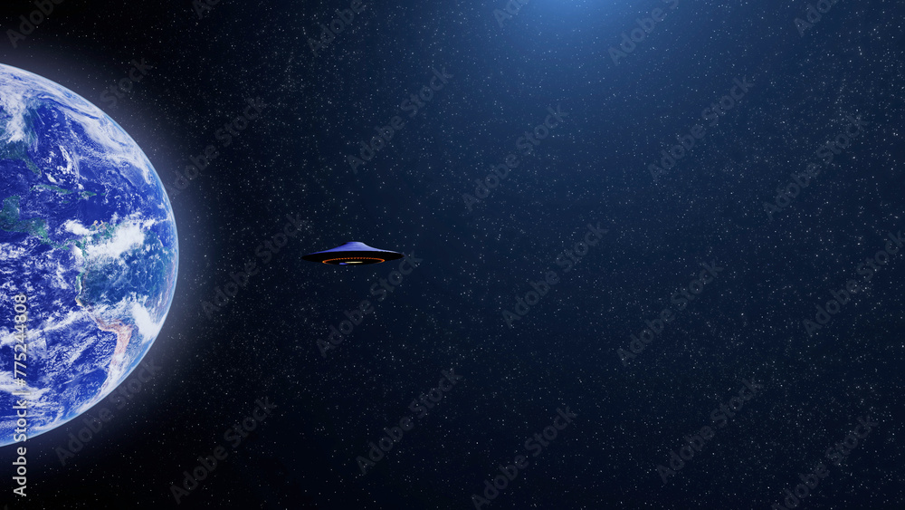 3d rendering-Alien Flying saucer UFO heading planet earth, outer space ...