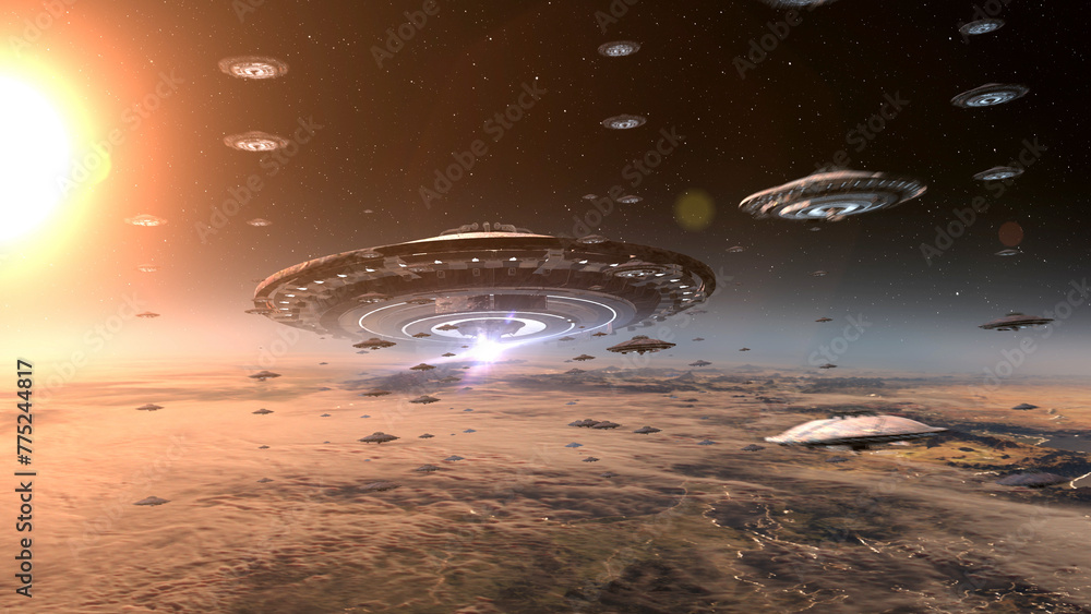 3d rendering-Many ufo's flying toward mothership above earth Alien ...