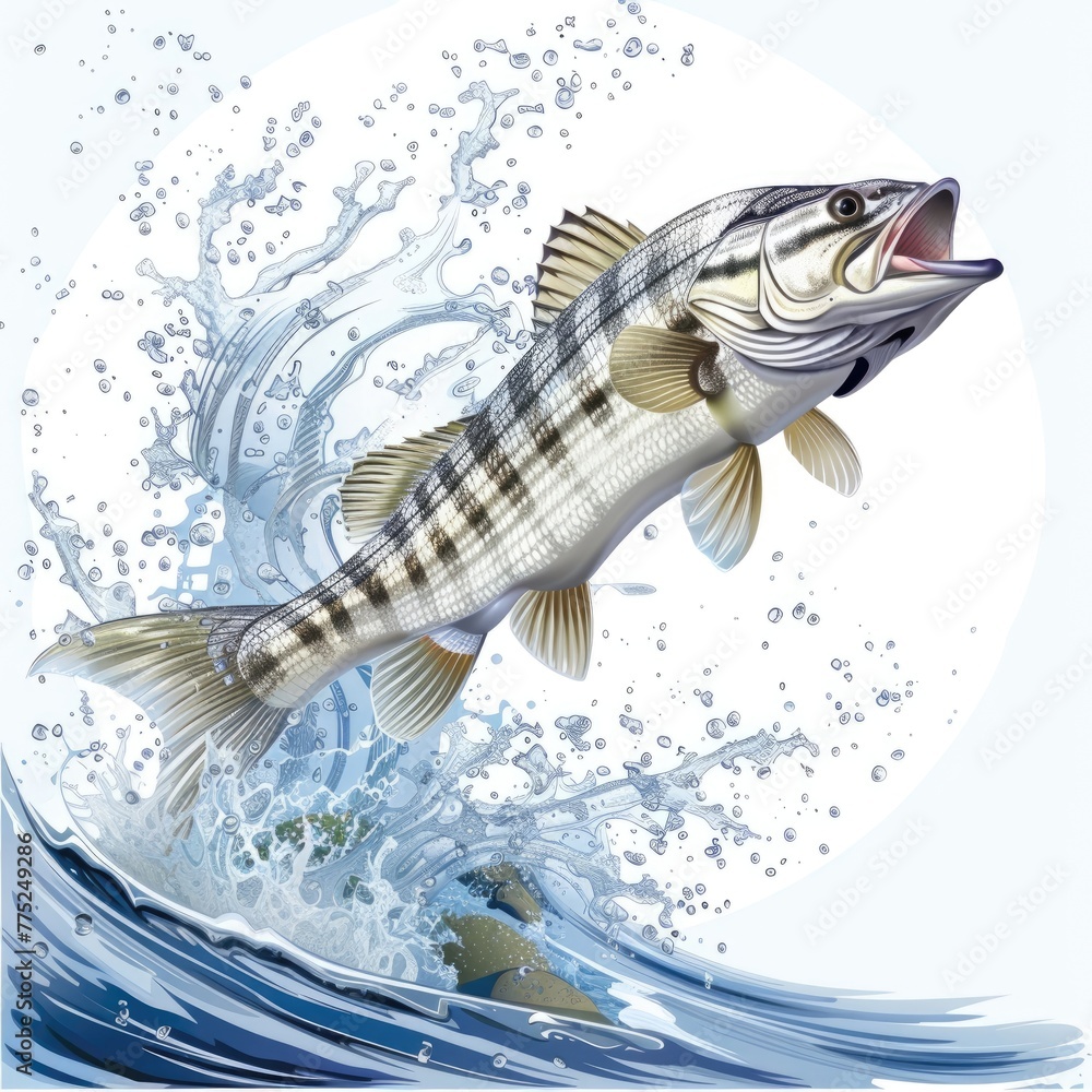 Isolated Striped Bass Fish Jumping Out of Water with Splashing ...