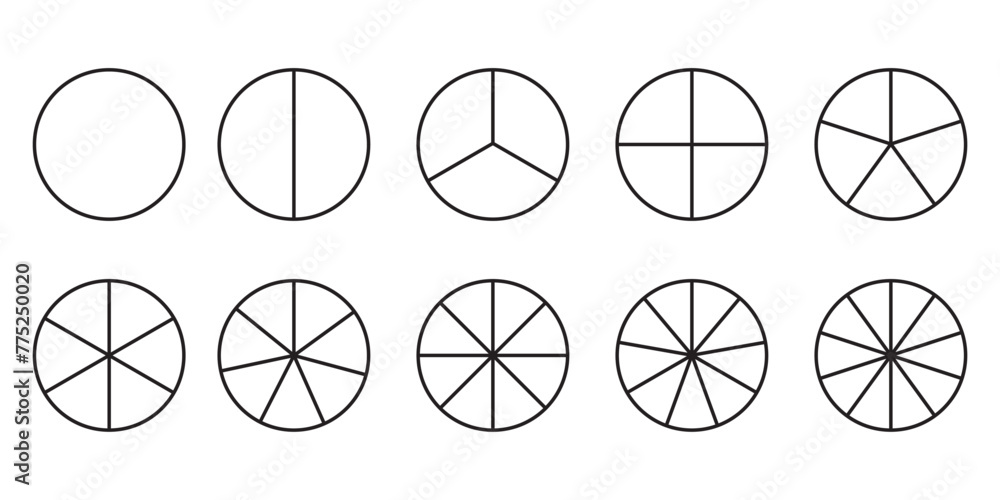 Segments on Divided circle set of 10 piece, Circles with sections set, black line pie charts ...