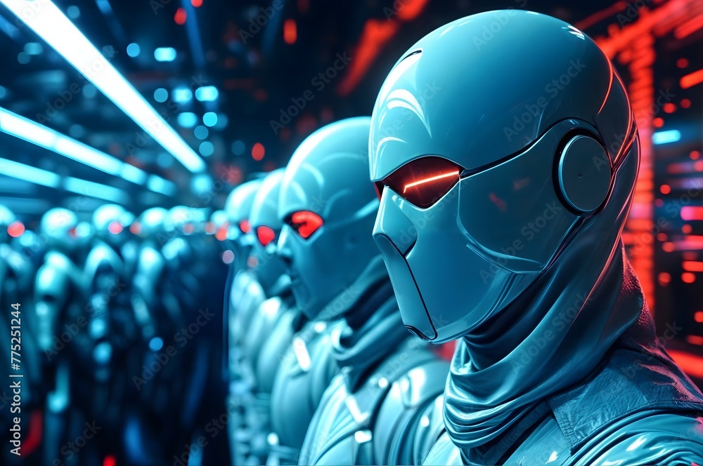 group of identical robots with glowing red eyes stand in a row. Stock ...