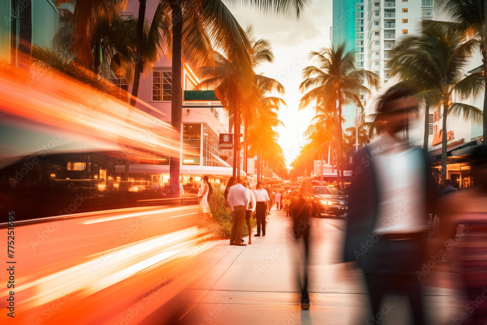 Blurred Motion: Bustling Sunset Scene in Miami with Sidewalks ...