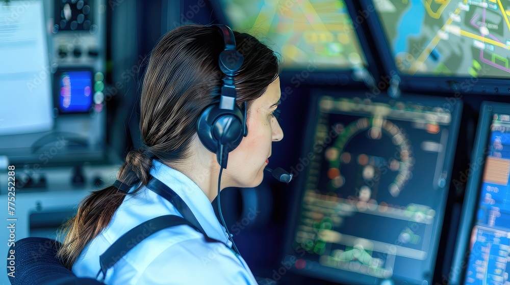 A skilled female air traffic controller managing flights in a control ...