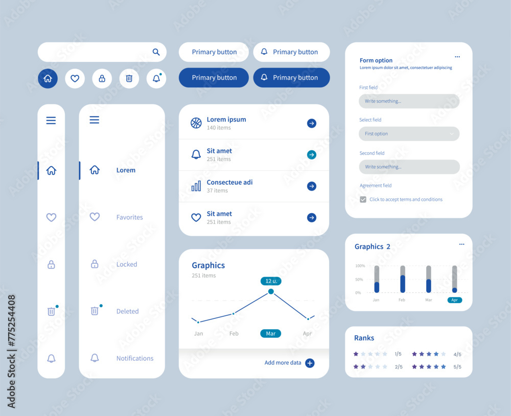 Big and improved ui kit for web designing, mobile apps with the different buttons, charts ...