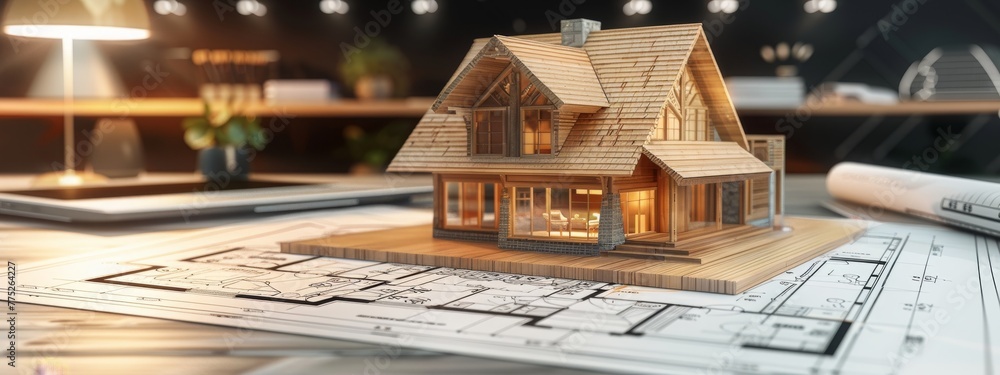 architect building drawing plan, 3D house model prototype visualization ...