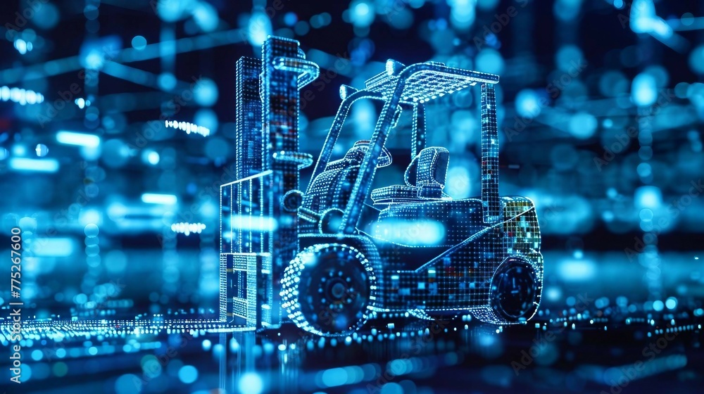 digital blue forklift truck with glowing data streams symbolizes the ...