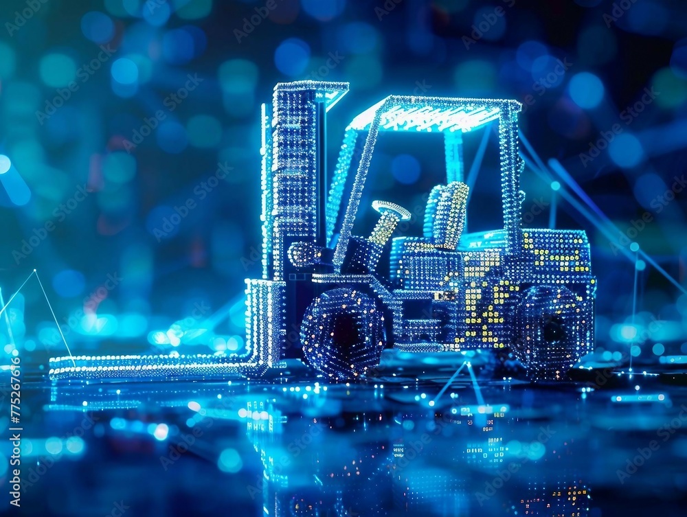 digital blue forklift truck with glowing data streams symbolizes the ...
