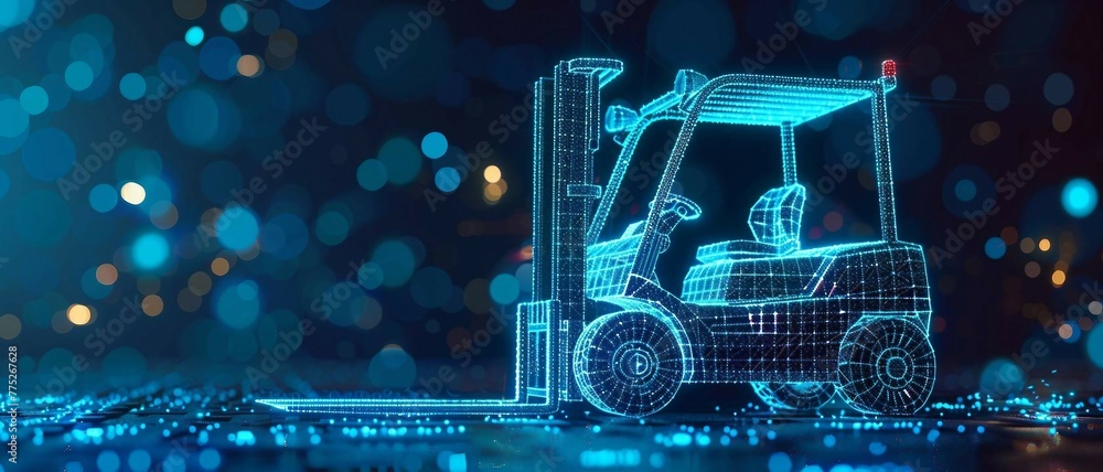 digital blue forklift truck with glowing data streams symbolizes the ...