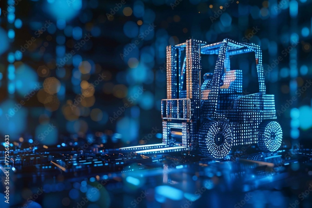 digital blue forklift truck with glowing data streams symbolizes the ...