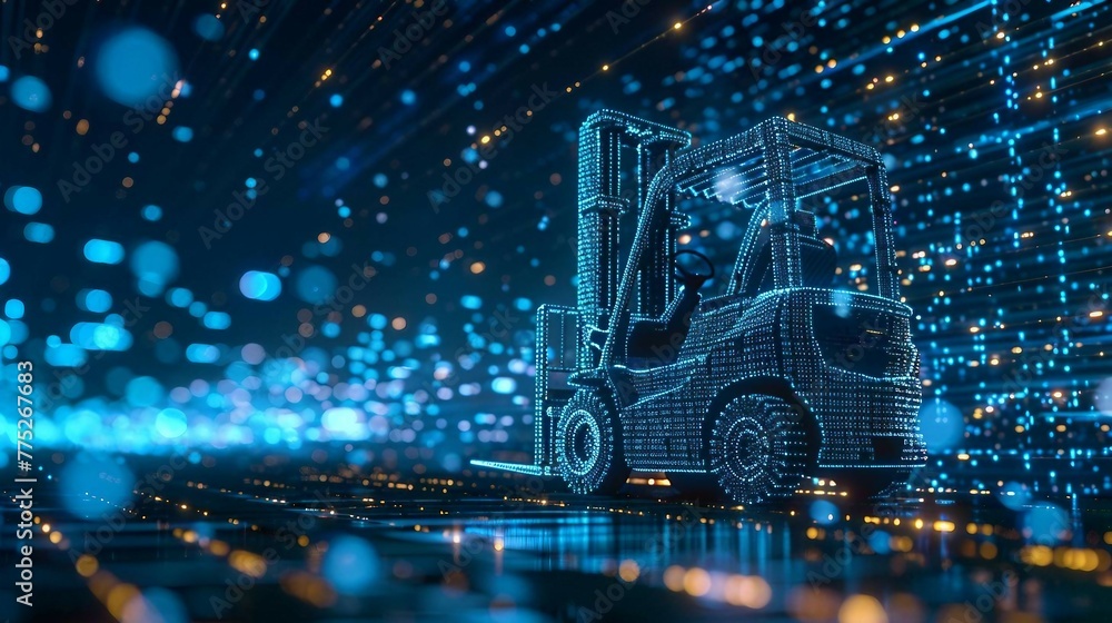 digital blue forklift truck with glowing data streams symbolizes the ...