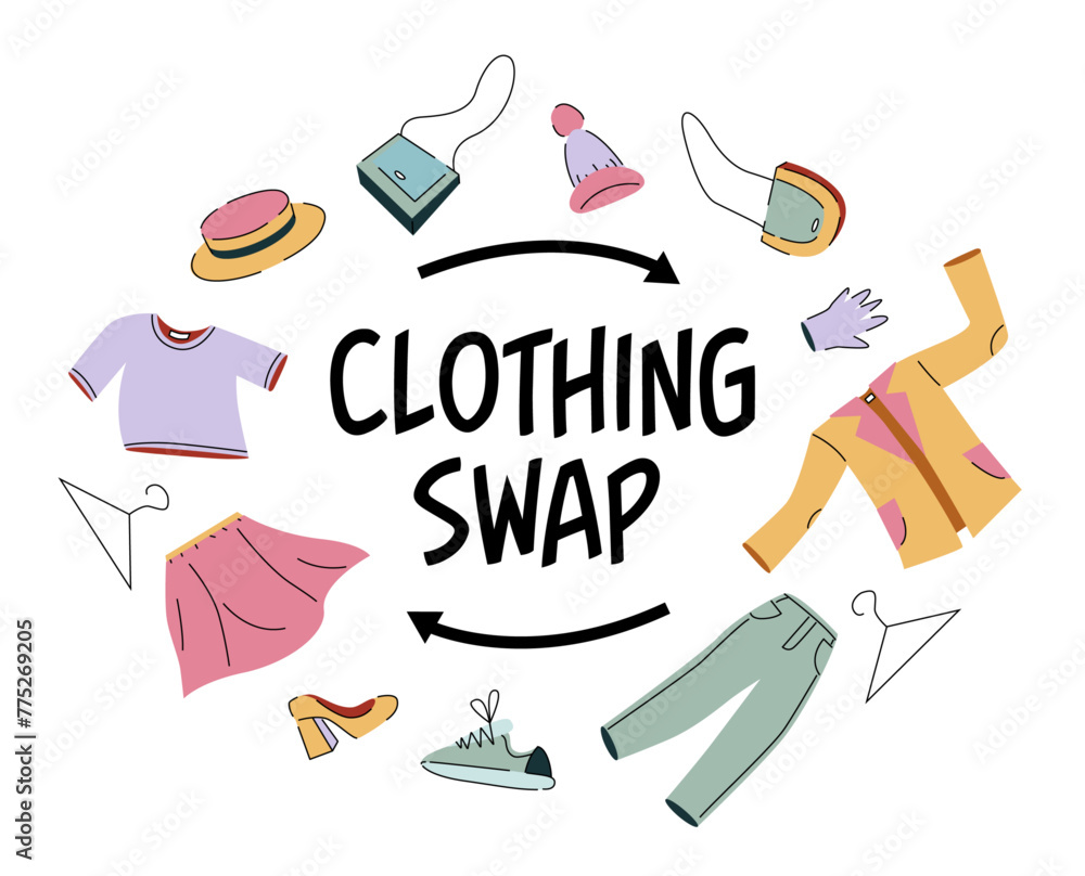 Clothing swap elements. Clothes and shoes for exchange. Eco-friendly ...