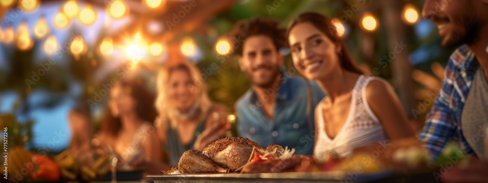 A high-resolution photograph of a diverse group of friends enjoying a ...