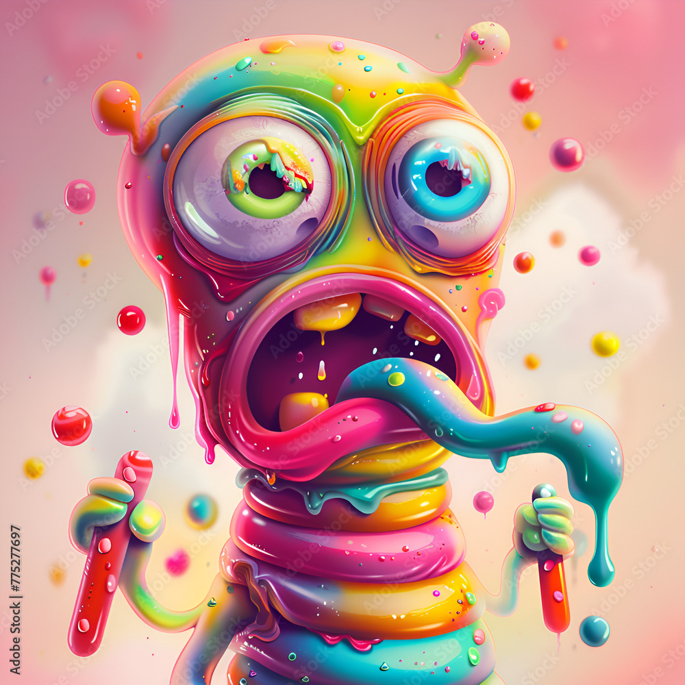 cartoon, candy, gummyman, body like a human, funny siuation, cute, eyes ...