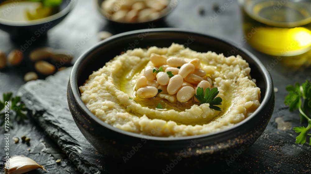 Egyptian dish Ful mashed beans seasoned with garlic and olive oil, on a ...