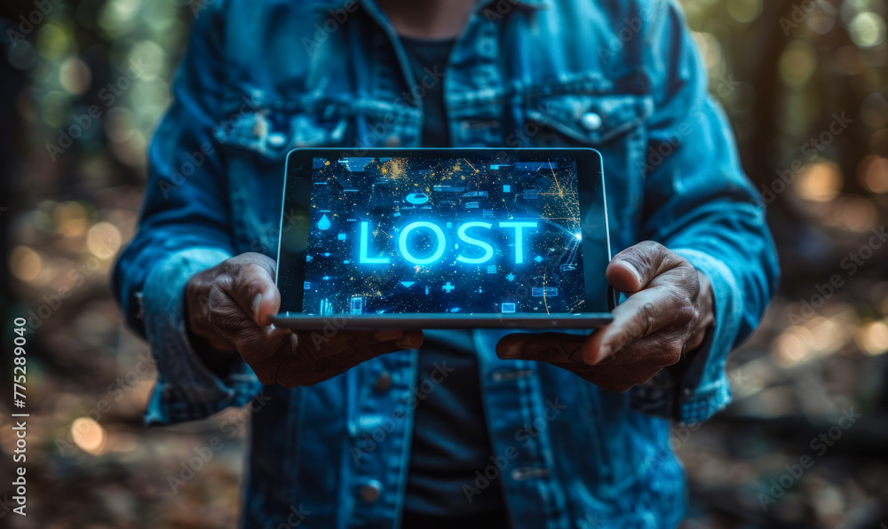 Man in denim shirt holding a tablet with a holographic projection of ...