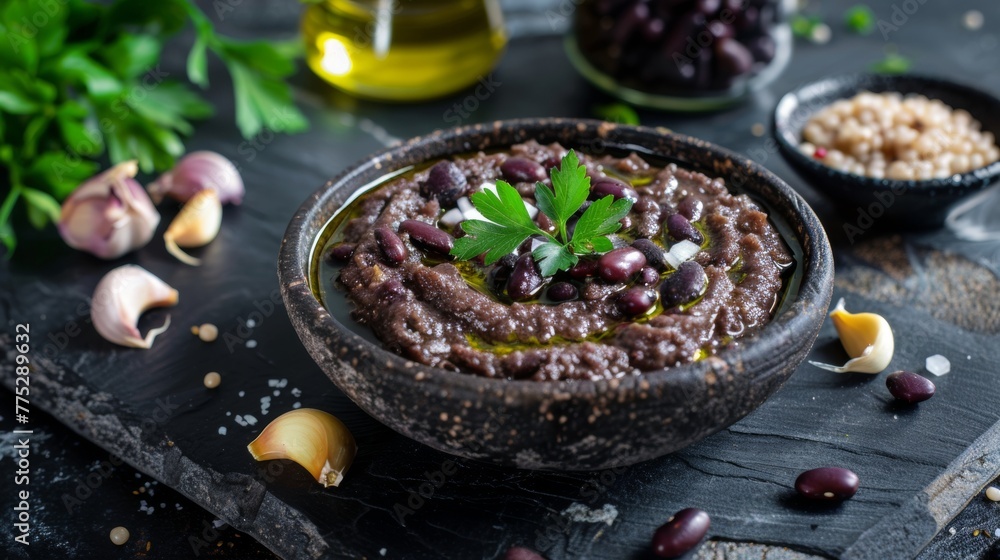 Egyptian dish Ful mashed beans seasoned with garlic and olive oil, on a ...