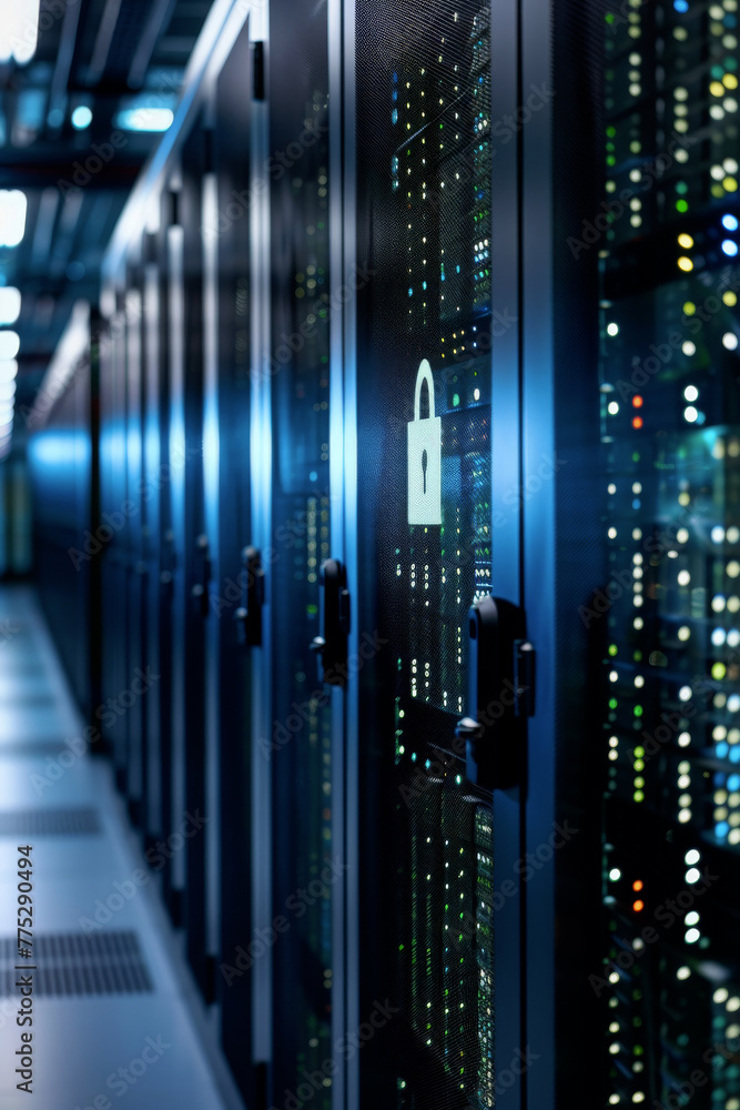 Close-up on server rack with padlock icon, concept of cybersecurity and ...