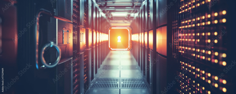 Server room hallway with floating lock symbol, concept of secure data ...