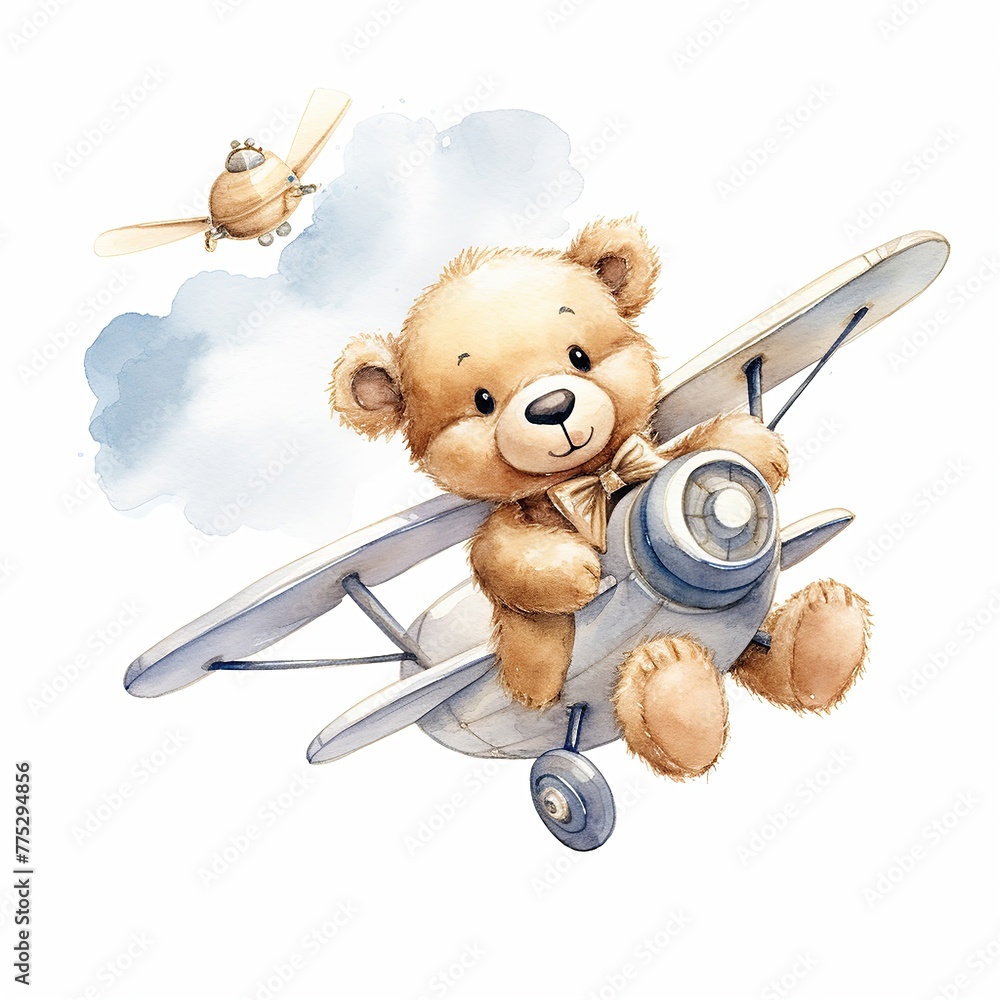 Watercolour Animal Clipart Cute Baby teddy bear fly aeroplane on white ...