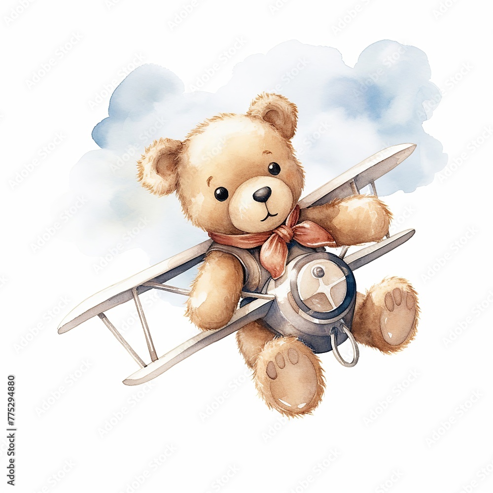 Watercolour Animal Clipart Cute Baby teddy bear fly aeroplane on white ...