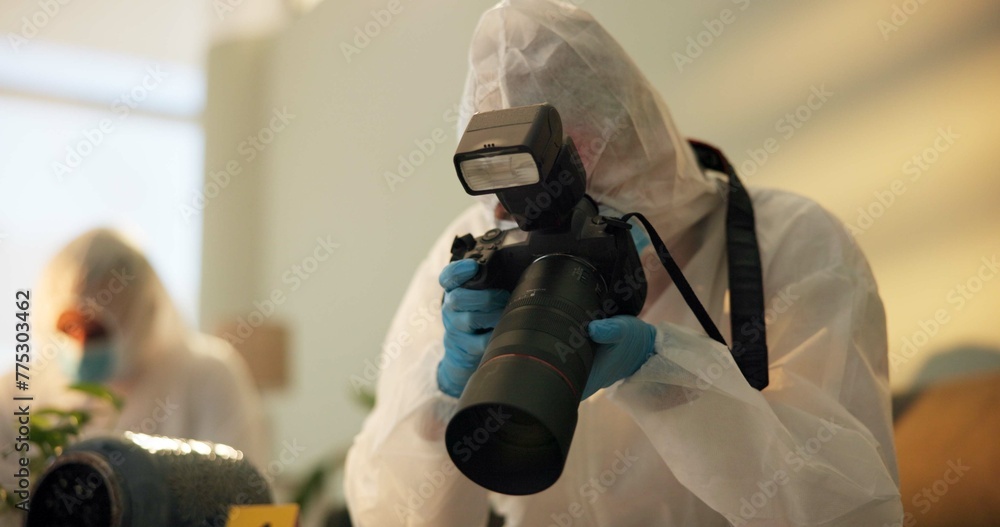 Camera, forensics and investigation of evidence at crime scene for case ...