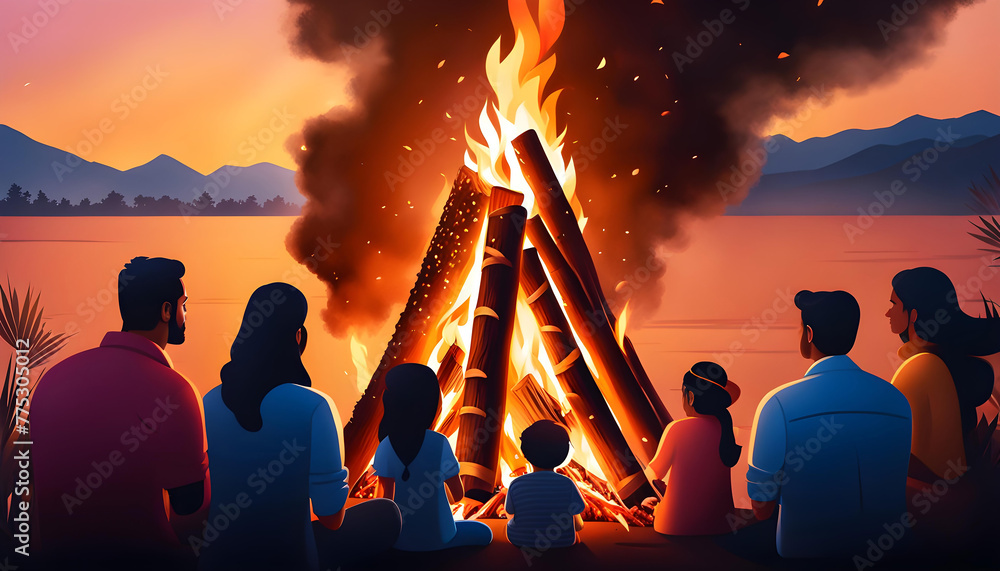 Holika Dahan poster illustration with big bonfire, tourist trekking ...