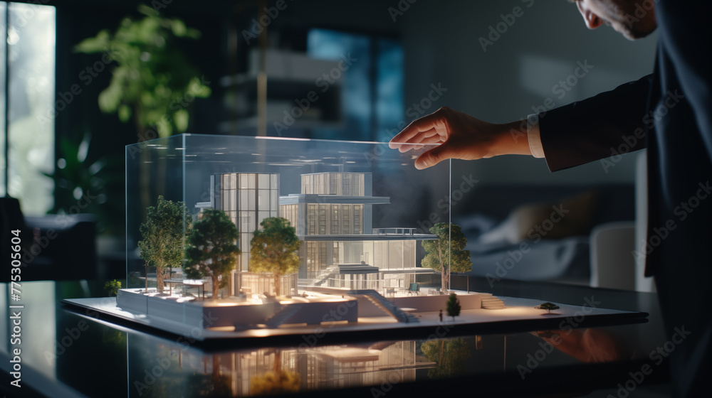 An architect carefully examines a detailed architectural model of a ...