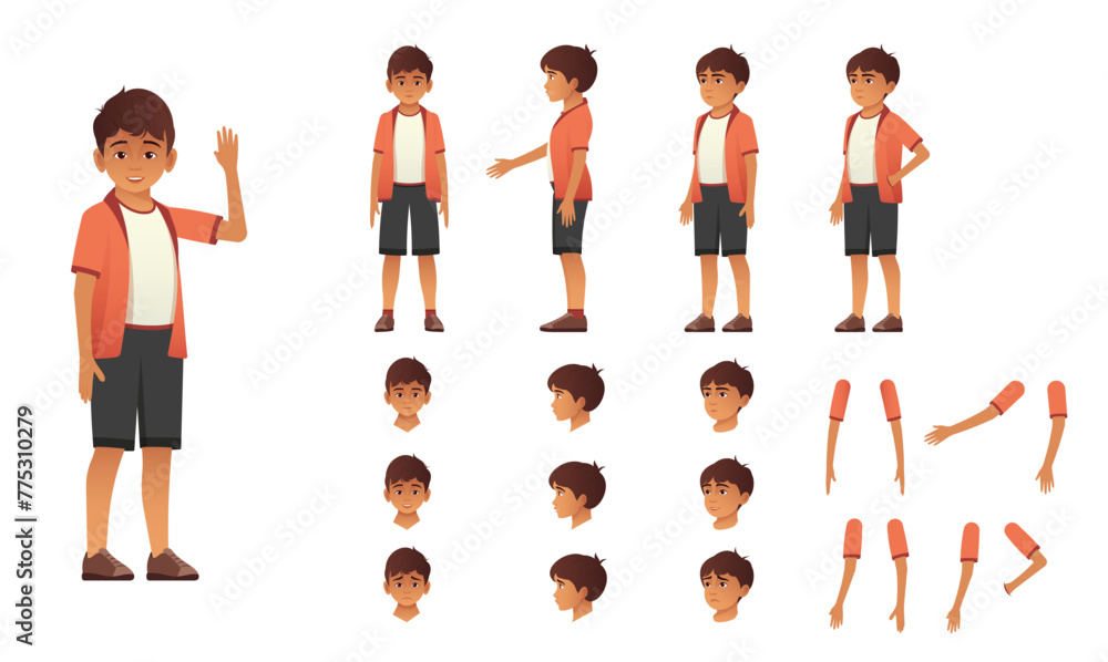 Complete character design of a young boy with various facial ...