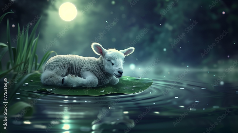 A lamb lies peacefully on a floating leaf in the middle of a serene ...