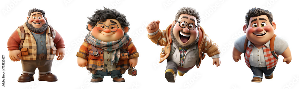 set of fat people cartoon characters, 3d design isolated on transparent ...