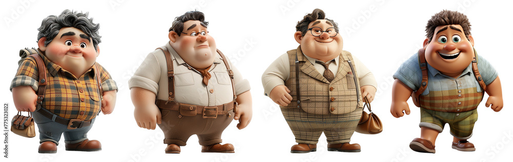 set of fat people cartoon characters, 3d design isolated on transparent ...
